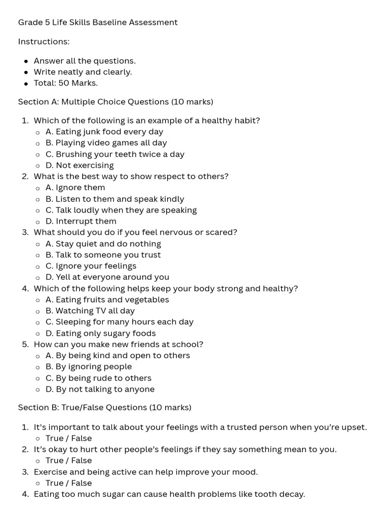 Grade 5 Life Skills Baseline Assessment | PDF
