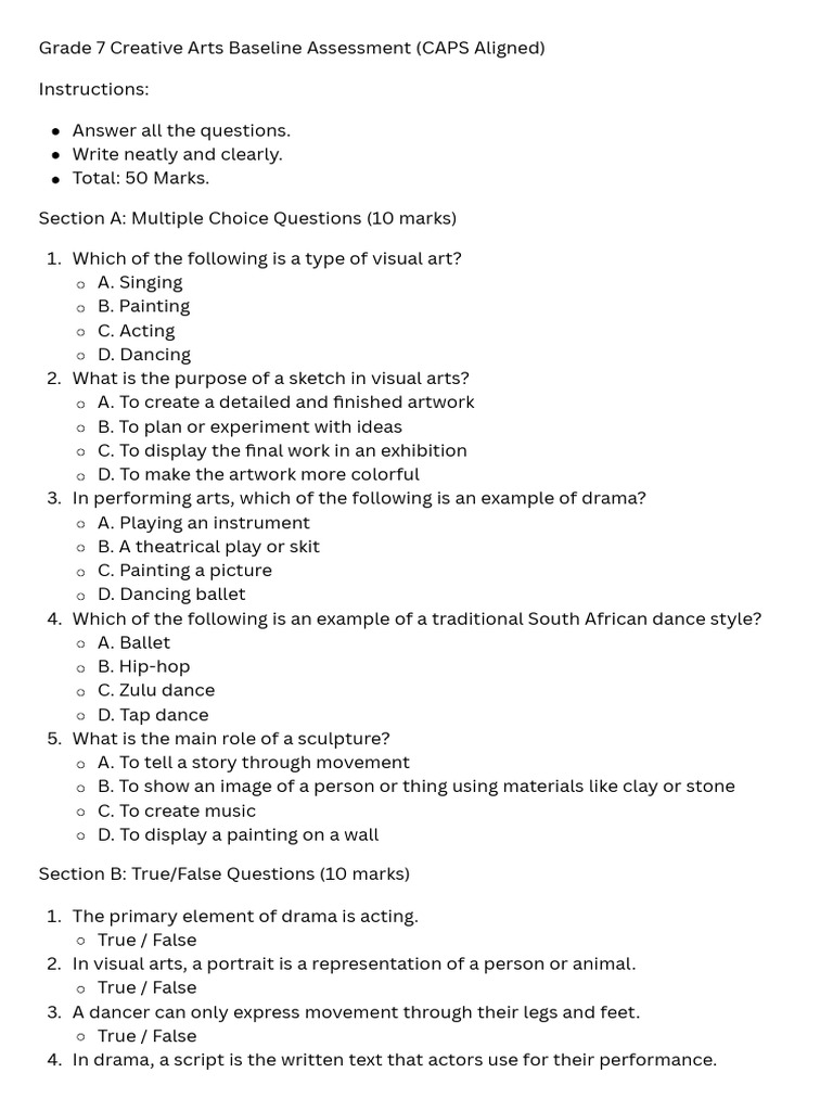 Grade 7 Creative Arts Baseline Assessment | PDF | Paintings | Dances