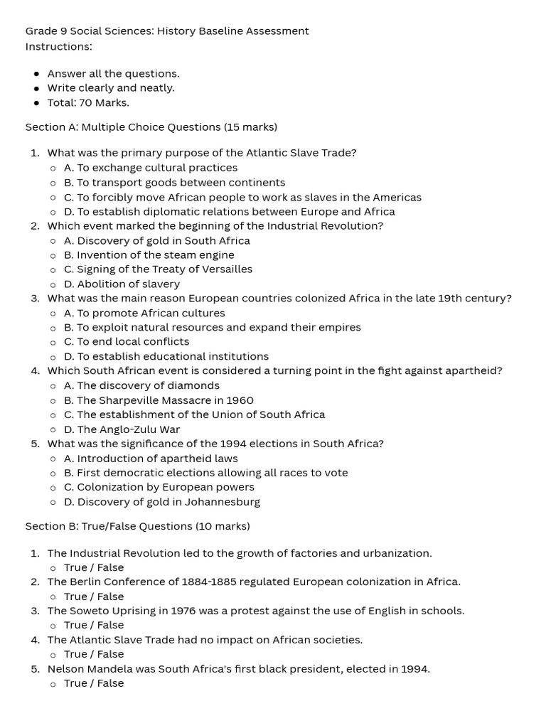 Grade 9 Social Sciences Baseline Assessment | PDF | Nelson Mandela ...