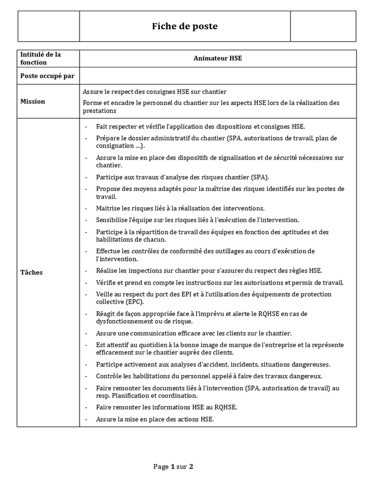 Fiche de Poste : Animateur HSE | PDF