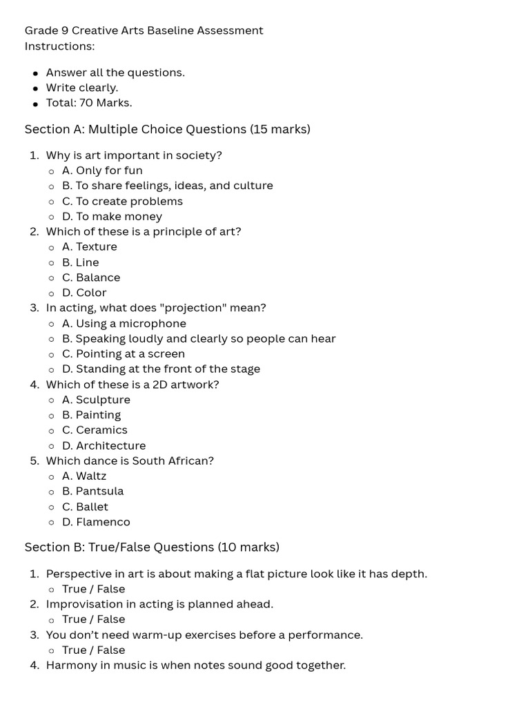 Grade 9 Creative Arts Baseline Assessment | PDF | The Arts | Composition (Visual Arts)