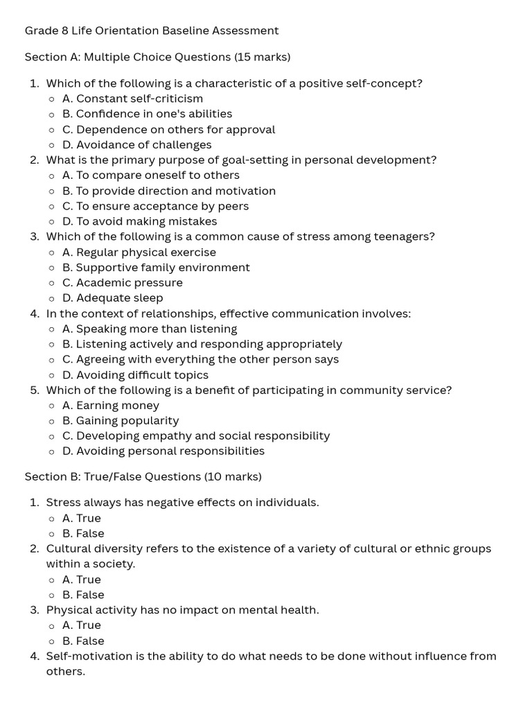 Grade 8 Life Orientation Baseline Assessment | PDF | Adolescence | Self Concept