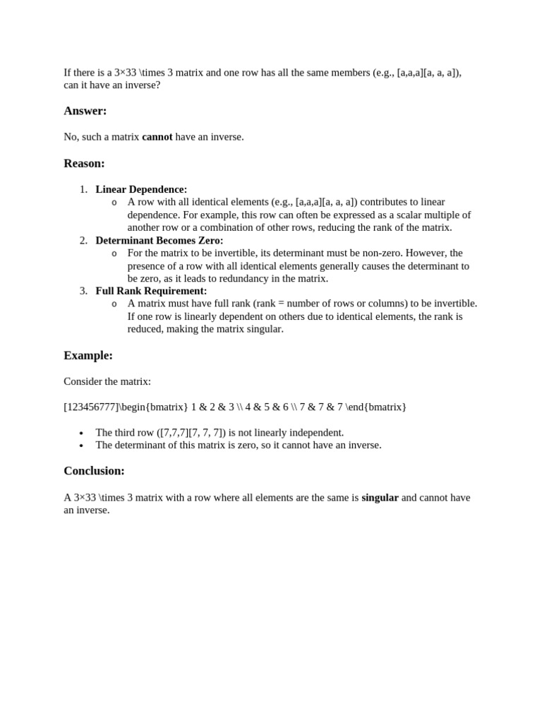 3x3 Matrix with Identical Row: No Inverse | PDF