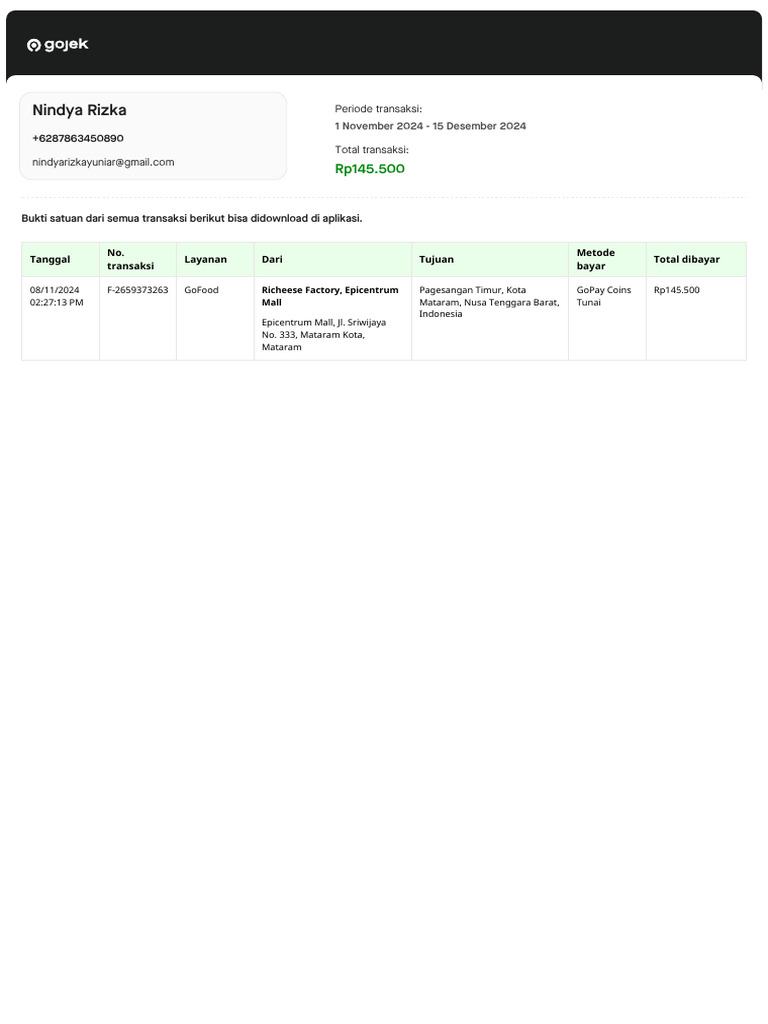 Riwayat Transaksi Gojek 011124-151224 | PDF