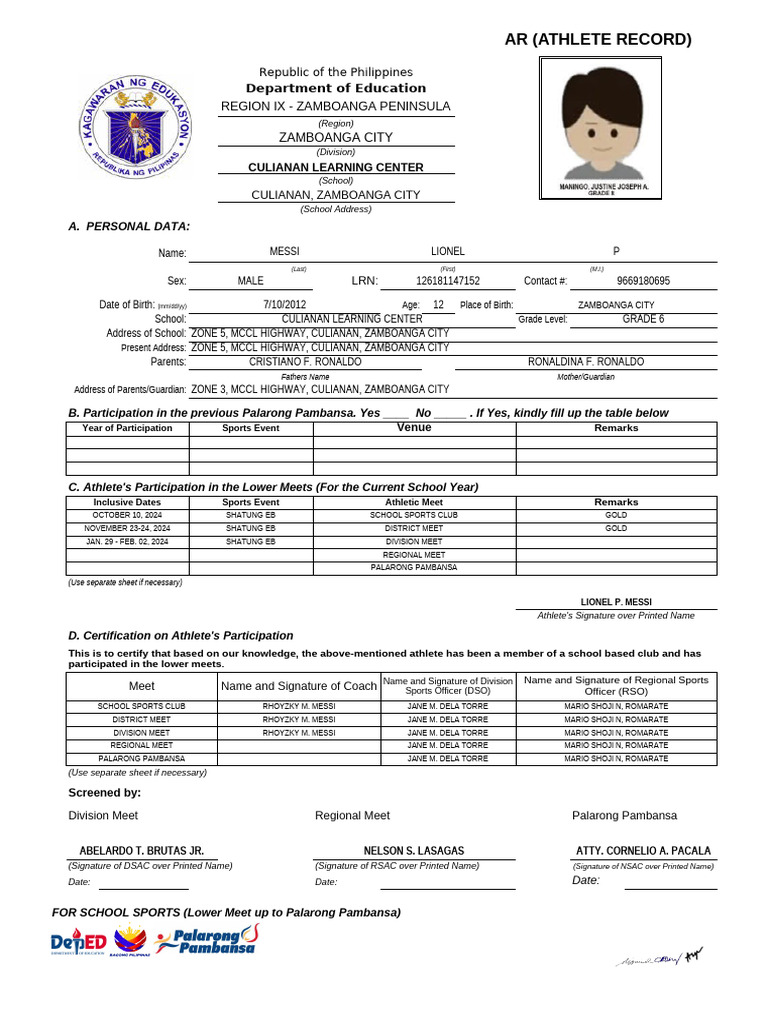 Zcdaa Meet Athletes Form 2025 | PDF | Clinical Medicine | Diseases And ...