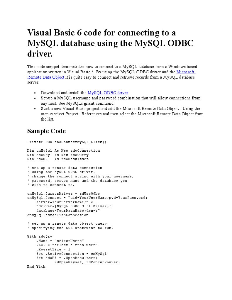 Visual Basic 6 Code For Connecting To A Mysql Database Using The Mysql