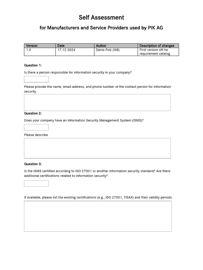Self Assessment Manufacturers and Service Providers | PDF