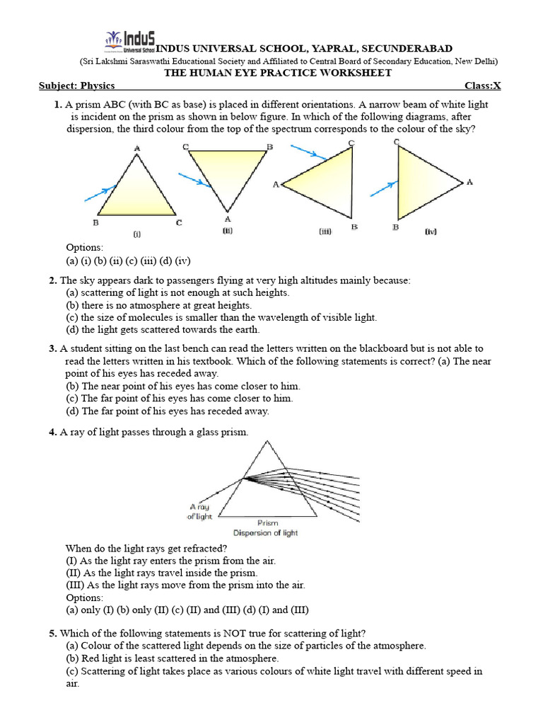 The Human Eye Practice Worksheet | PDF | Eye | Rainbow
