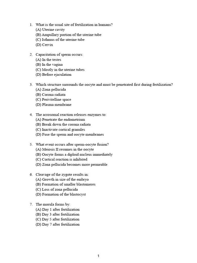 1st Week of Fertilization in Humans MCQ | PDF | Fertilisation | Embryo