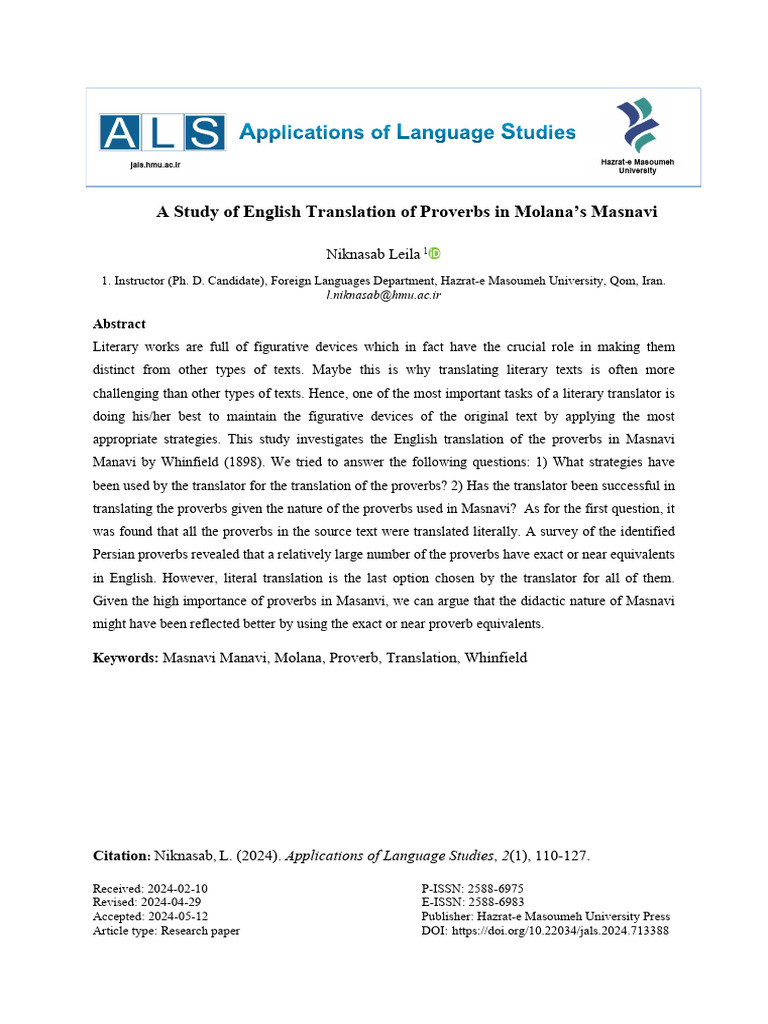 N Leila_ A Study of English Translation of Proverbs in Molana’s Masnavi | PDF | Idiom | Proverb