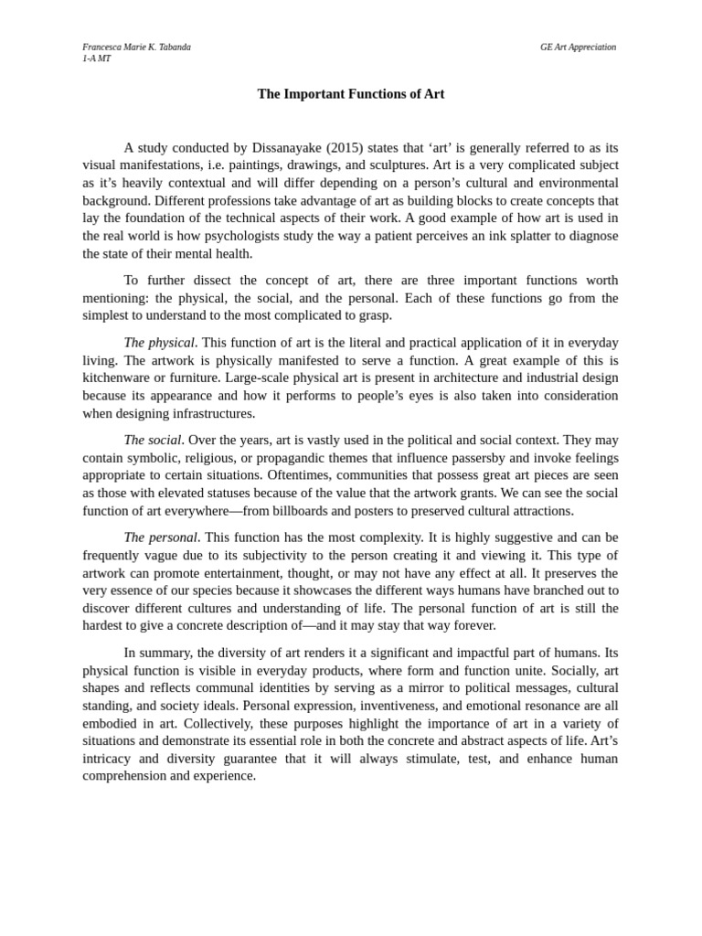 Tabanda - Functions of Art | PDF | Cognition | Psychology