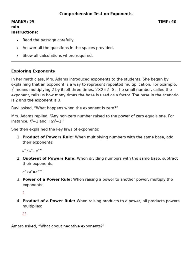 Comprehension Test on Exponents | PDF | Exponentiation | Multiplication