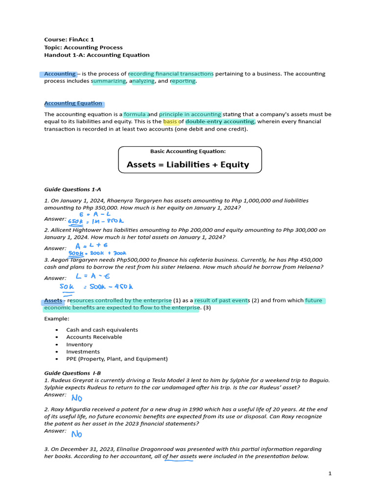 Finacc1 - Handout 1A - Accounting Equation_240827_105231 | PDF | Equity ...