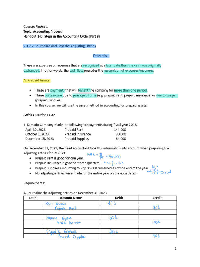 FInAcc 1 - Handout 1D - Steps in The Accounting Cy - 240830 - 145631 | PDF | Debits And Credits ...
