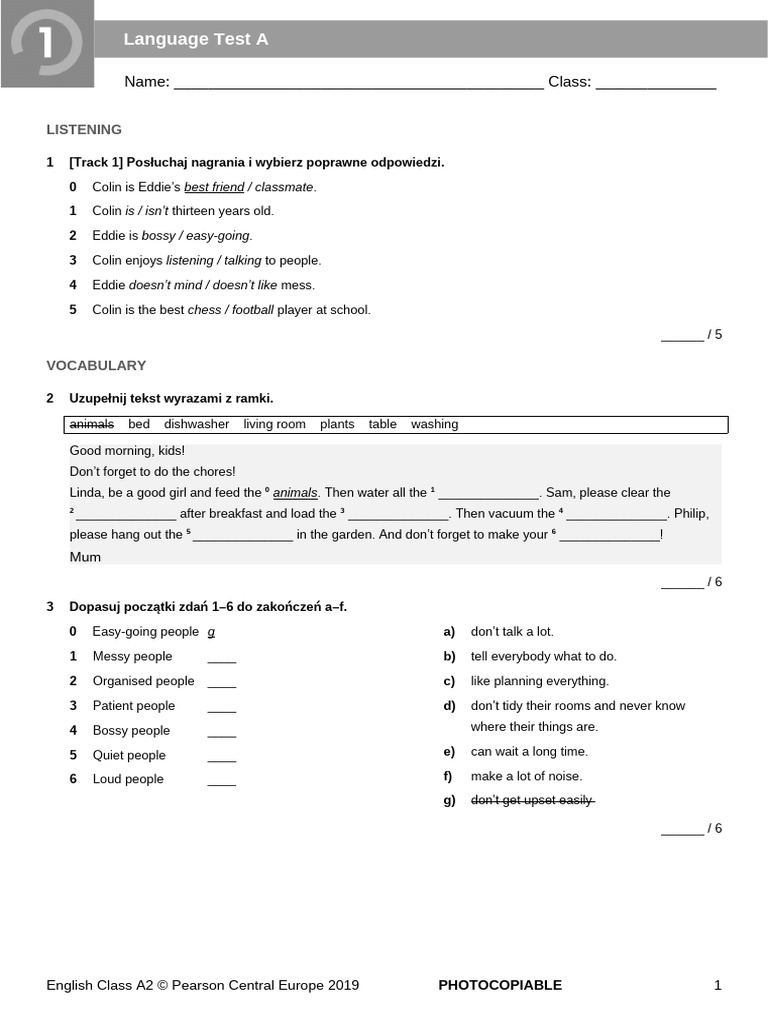 EC - A2 - Tests - Language Test 1A | PDF
