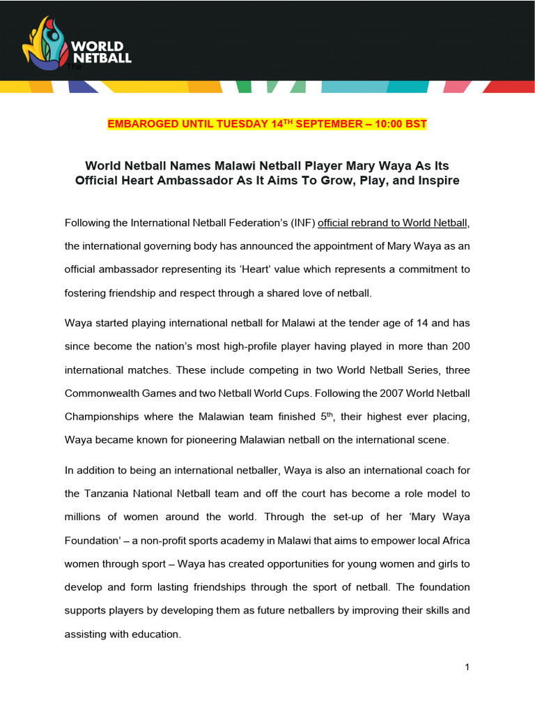 World Netball Names Mary Waya As Heart Ambassador | PDF | Malawi