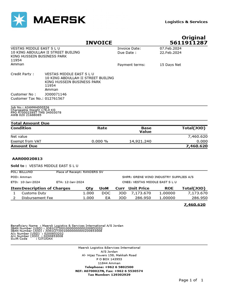 Maersk Invoice | PDF | Taxes | Payments