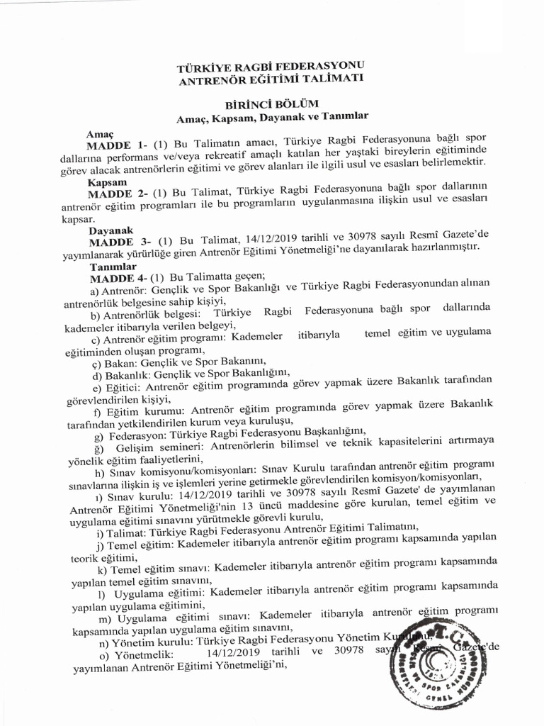 Turkiye Ragbi Federasyonu Antrenor Egitimi Talimati | PDF