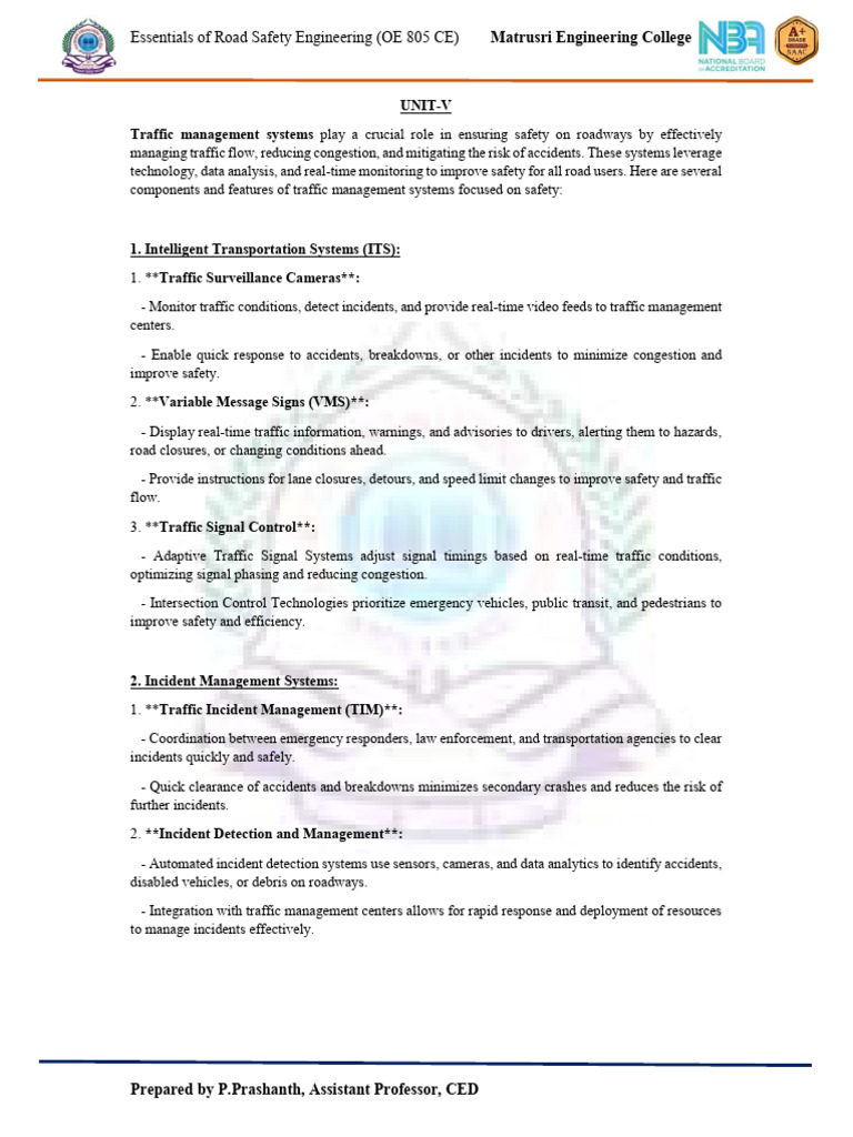 ERSE UNIT-V | PDF | Traffic | Road Traffic Safety