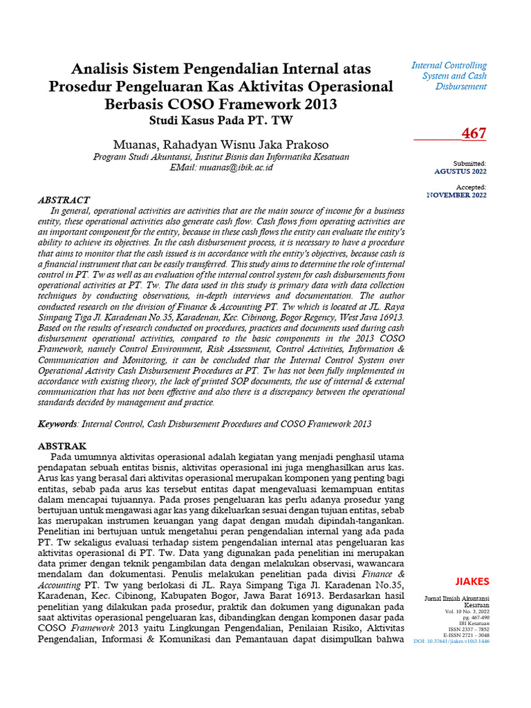 Analisis Sistem Pengendalian Internal Atas Prosedur Pengeluaran Kas Aktivitas Operasional ...