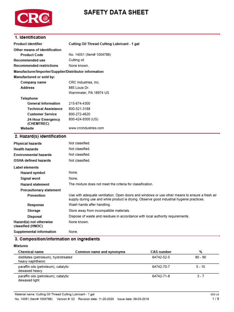 CRC Cutting Oil Safety Data Sheet | PDF | Dangerous Goods | Personal ...