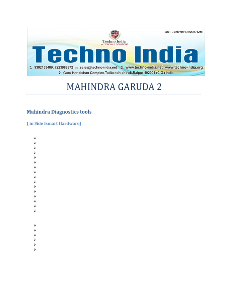 Mahindra Garuda 2 Diagnostic Tool Overview | PDF