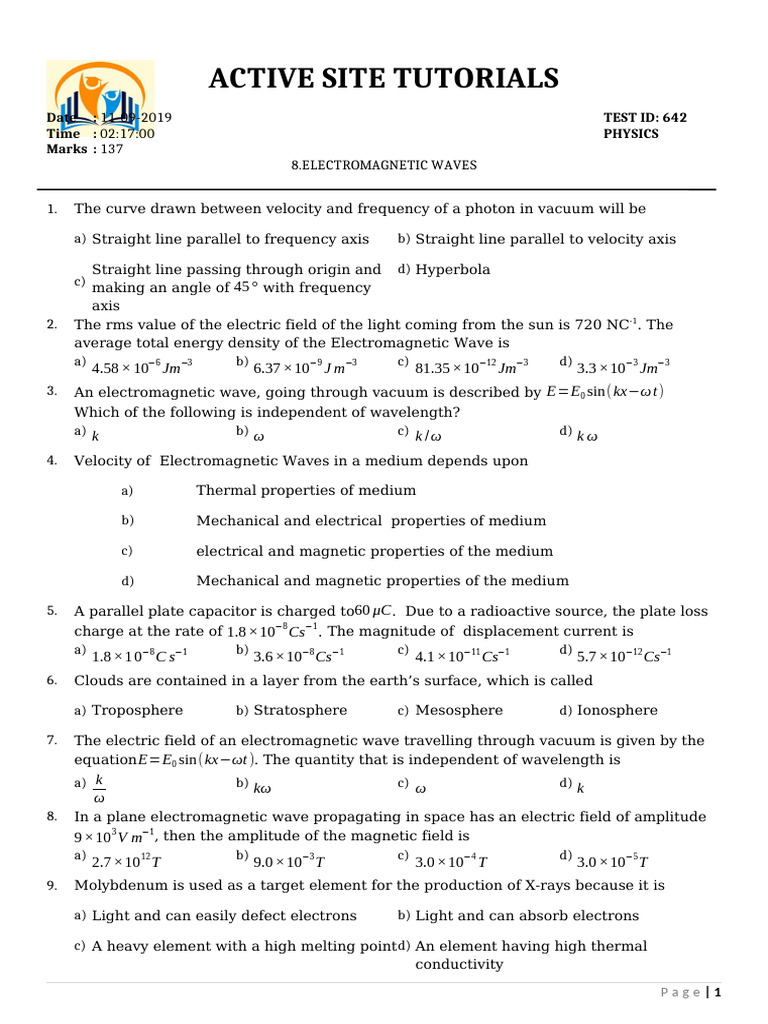 Electromagnetic Wave Properties and Calculations | PDF ...
