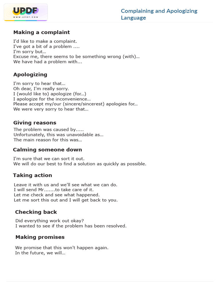 Complaining and Apologizing Language | PDF