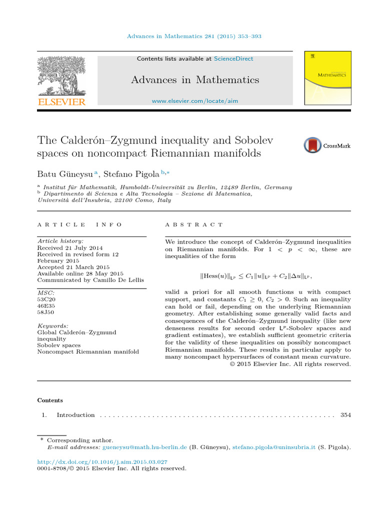 Güneysu 和 Pigola - 2015 - The Calderón-Zygmund inequality and Sobolev ...