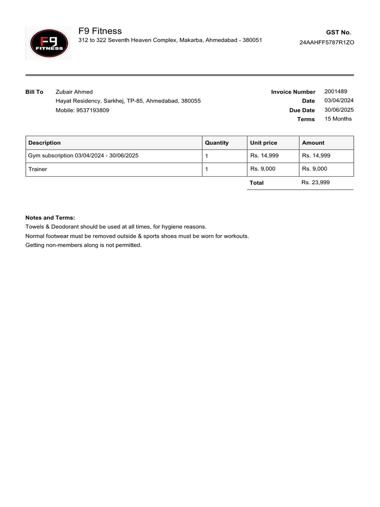 Gym Invoice_2024_25 | PDF