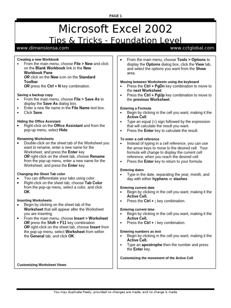 Excel 2002 Foundation Tips | PDF | Microsoft Excel | Keyboard Shortcut