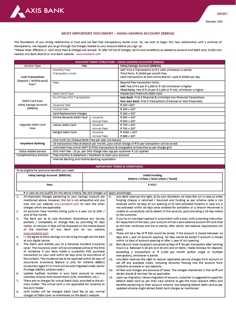Axis Bank Sahaj Savings Account Fees | PDF | Debit Card | Banks