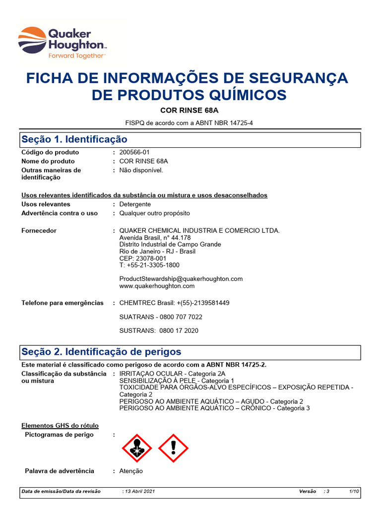 Ficha de Segurança do COR RINSE 68A | PDF | Desperdício