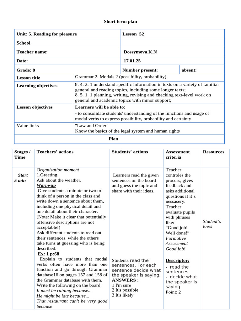 Lesson Plan: Modals for Grade 8 | PDF | Cognition | Learning