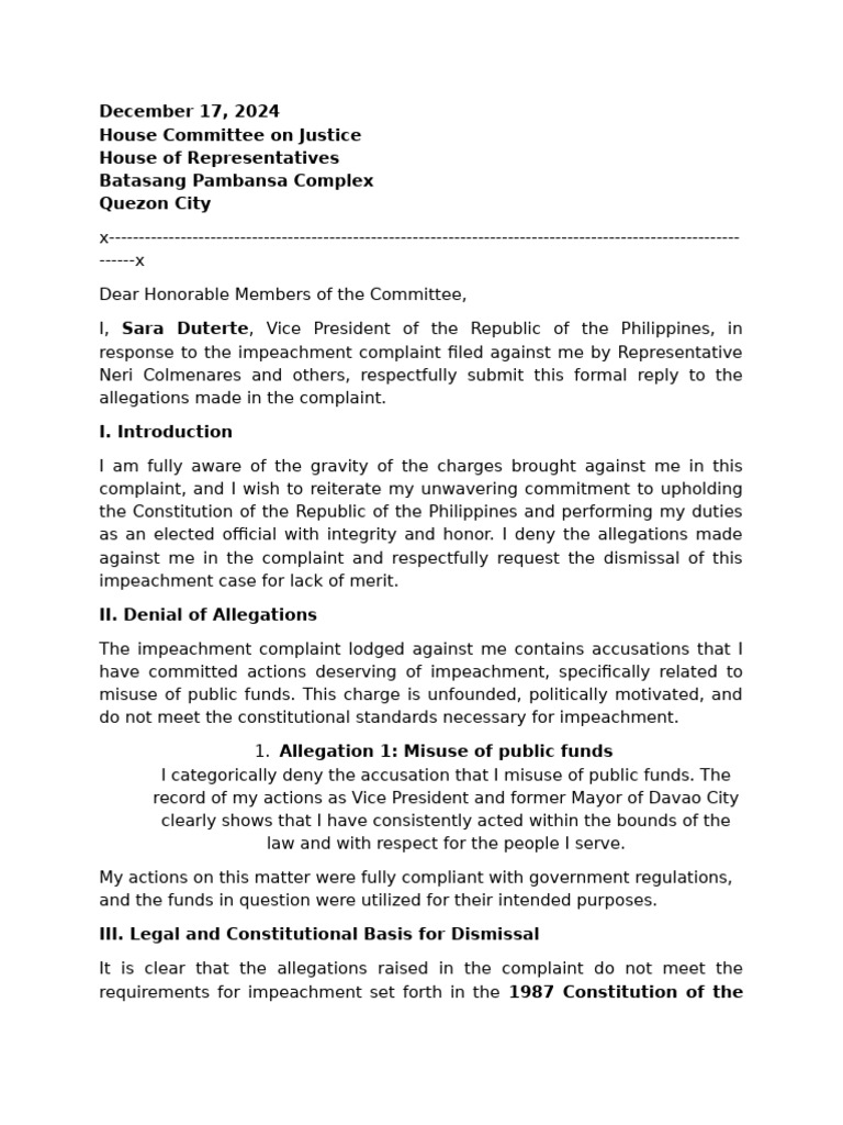 Response to Impeachment | PDF | Impeachment | Complaint