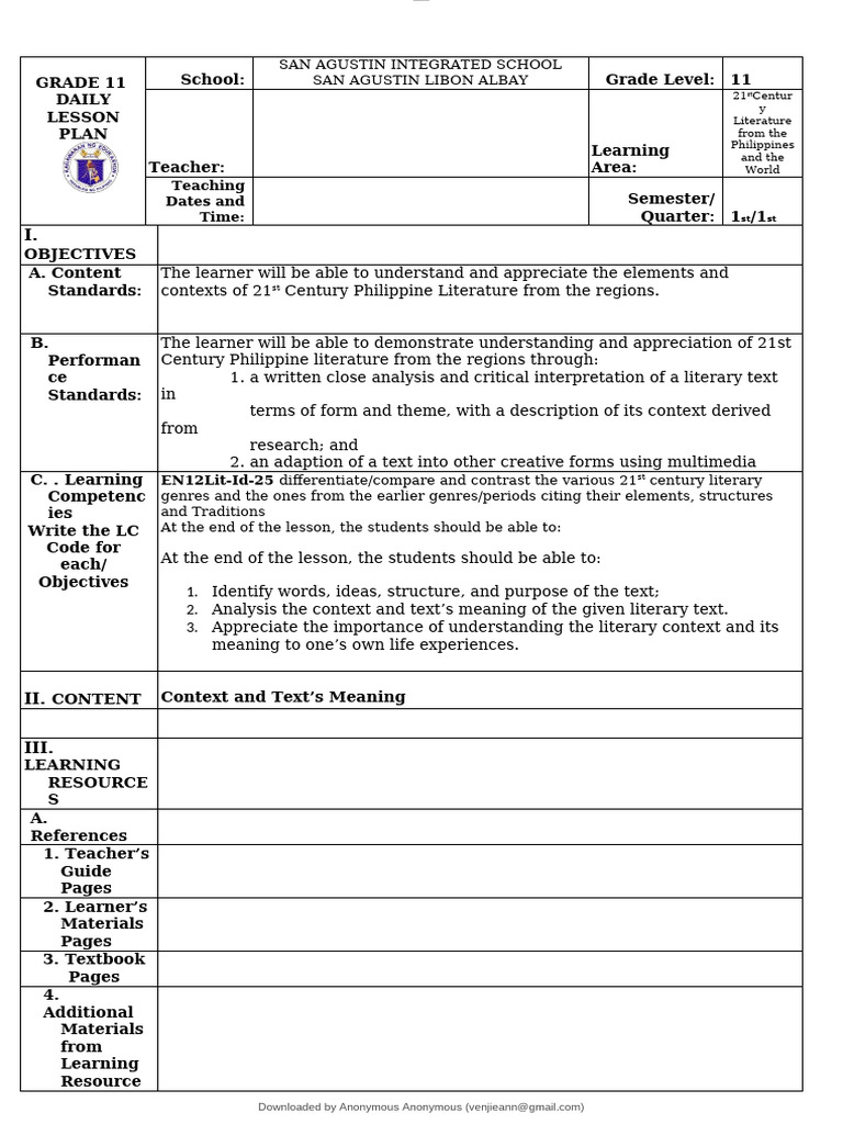 Grade 11 Literature Lesson Plan | PDF | Genre | Behavior Modification