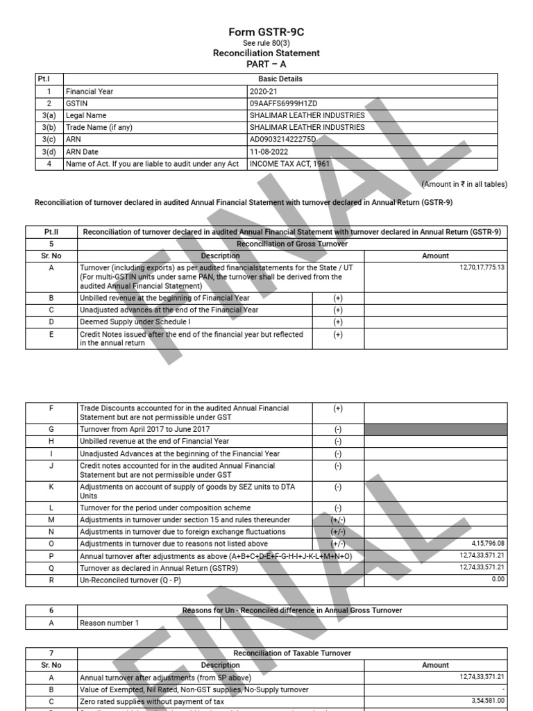 GSTR-9C 09aaffs6999h1zd 032021 | PDF | Revenue | Taxes