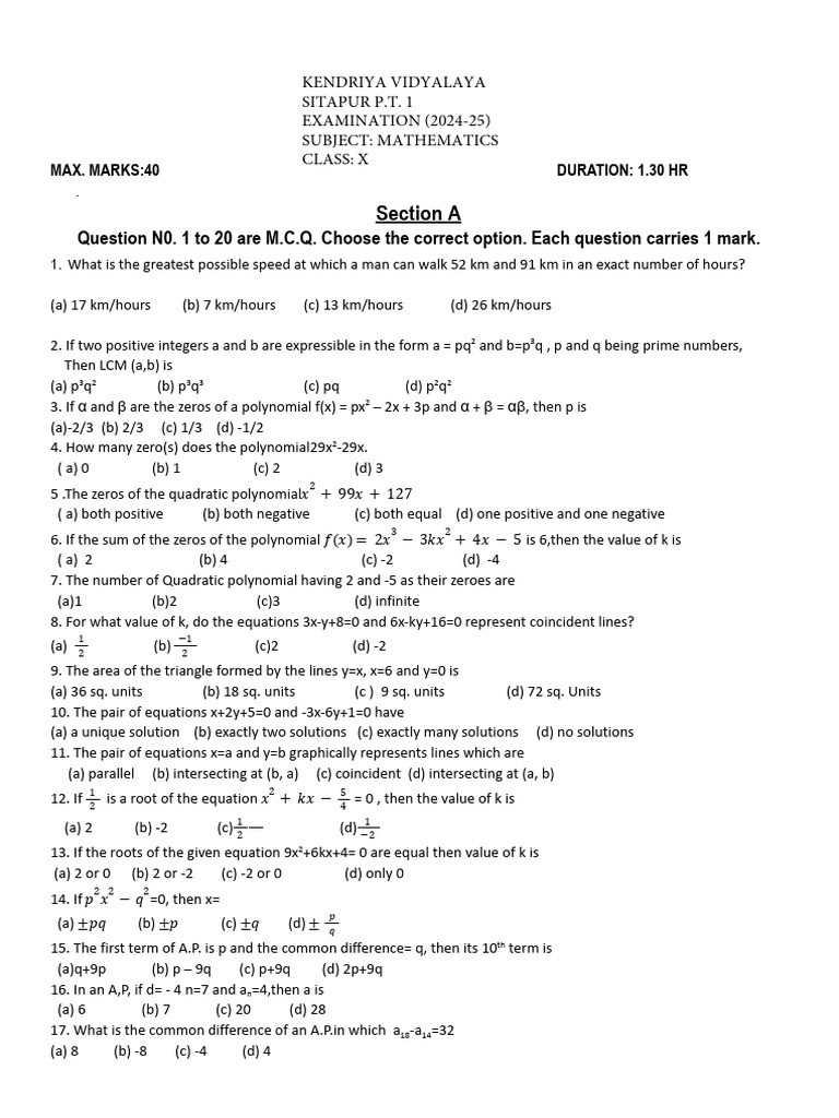 Class X Math PT-1 2024-25 | PDF | Zero Of A Function | Equations