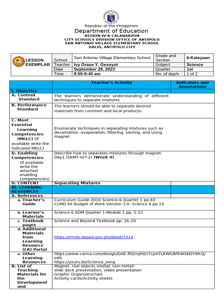 Co1 Lesson Plan Science 6 MT | PDF | Electric Current | Learning