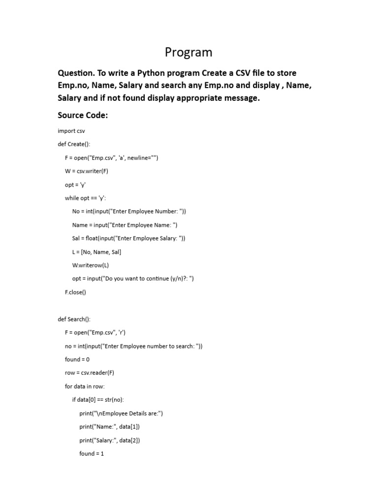 Python CSV Employee Management Program | PDF