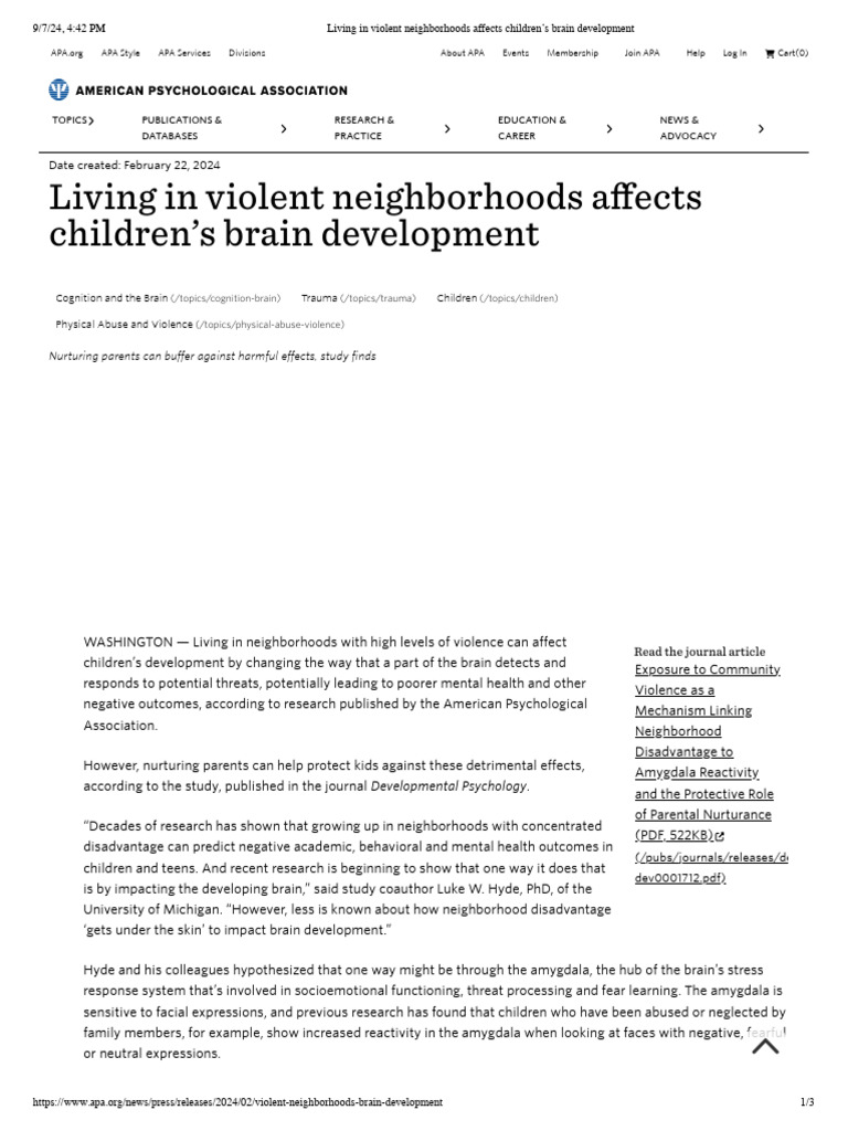 Living in violent neighborhoods affects children’s brain development ...