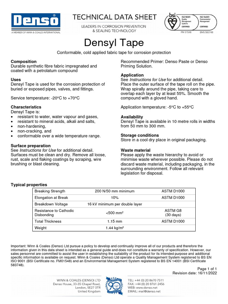 Densyl-Tape Data Sheet | PDF | Corrosion | Secondary Sector Of The Economy