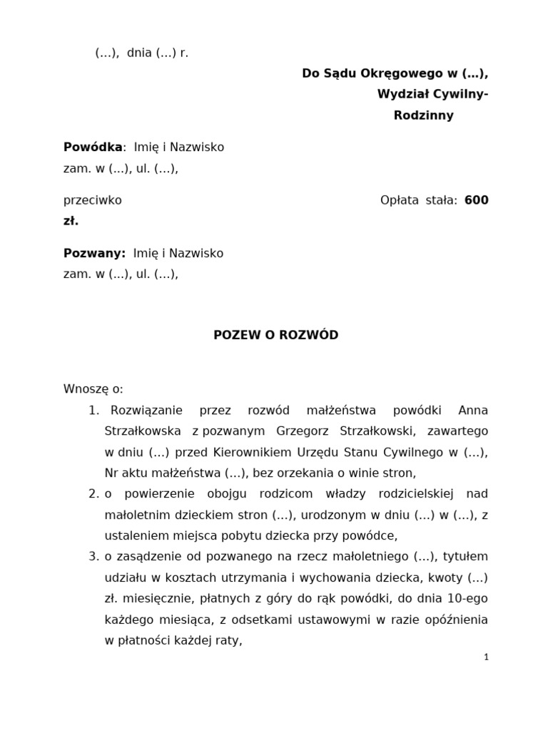 Pozew o Rozwod Bez Orzekania o Winie | PDF