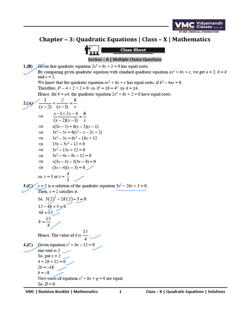 Class X Quadratic Equations Solutions | PDF | Equations | Elementary ...
