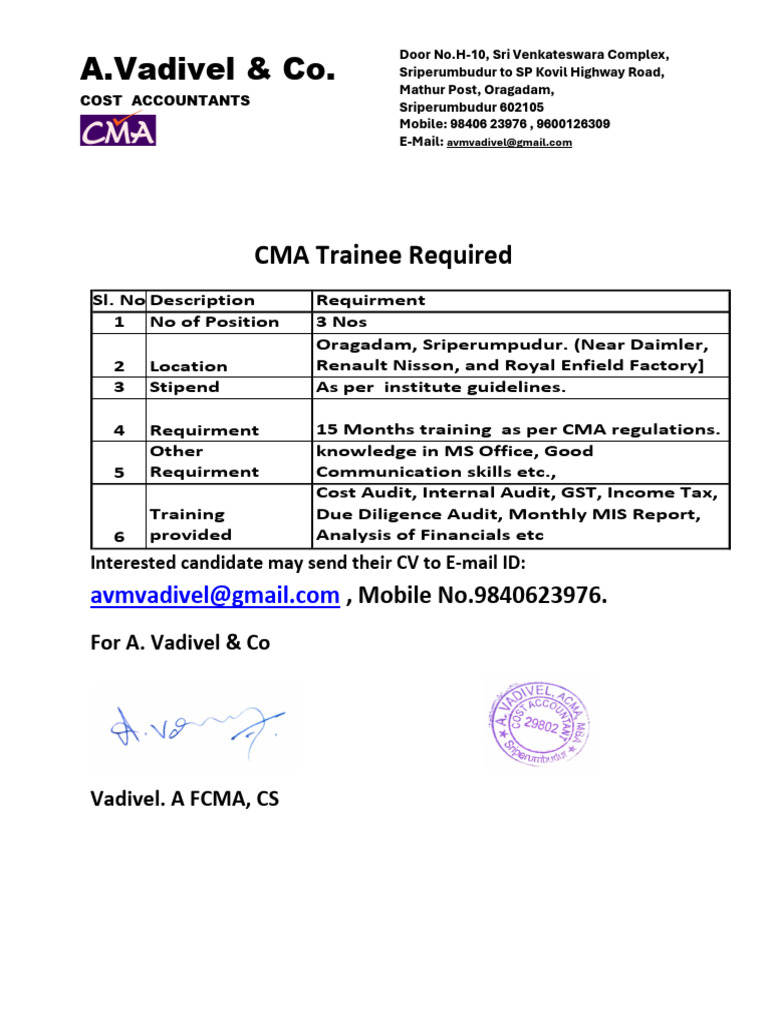 CMA Trainee Requirement Vadivel & Co | PDF