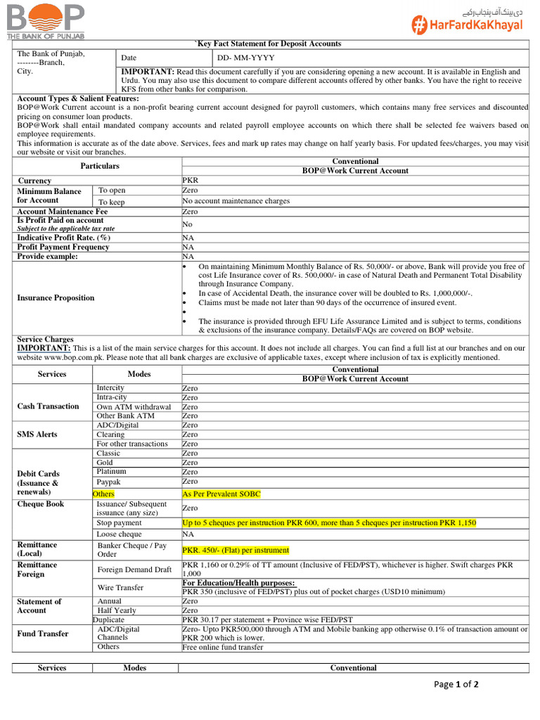 BOP at Work Current Account | PDF | Cheque | Banks