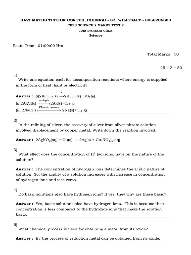 Cbse Science 2 Marks Test 2qa | PDF | Electrical Conductor | Materials