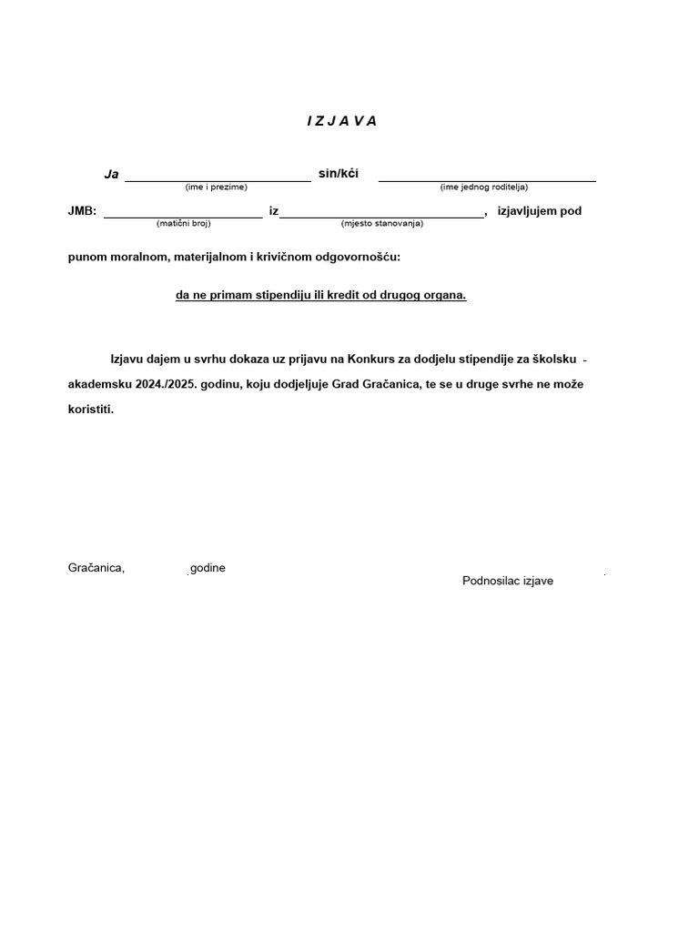 Izjava o Ne Primanju Stipendije Od Drugog Davaoca U Tekucoj Godini Student | PDF