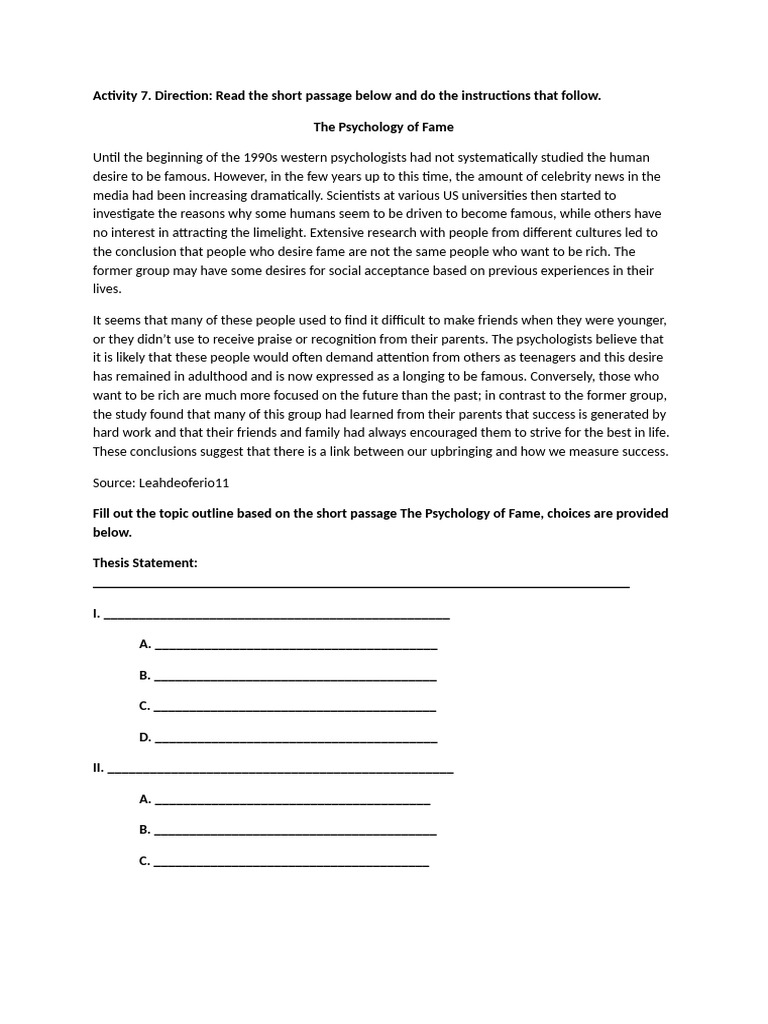 Activity 7 Outline and Thesis | PDF | Social Psychology | Liberal Arts ...