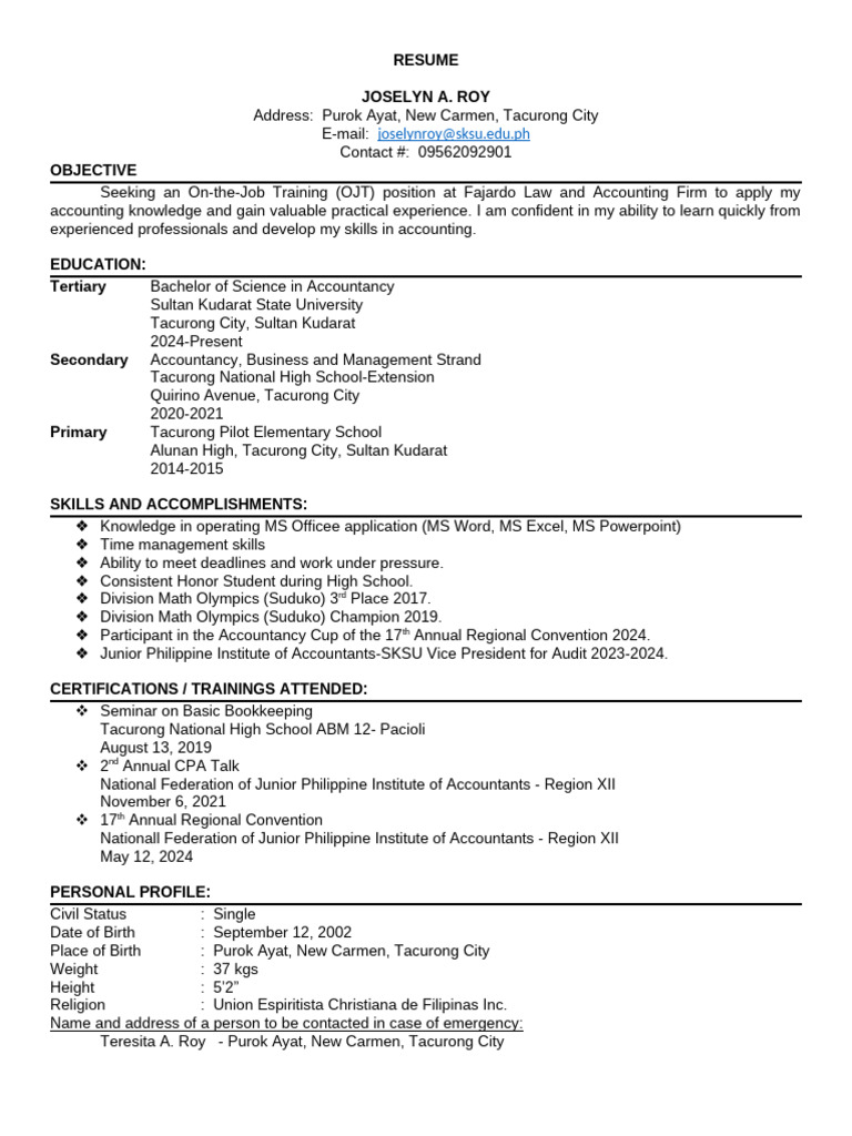 Accounting OJT Resume - Joselyn Roy | PDF